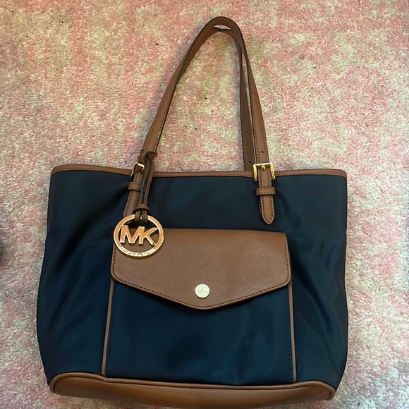 Michael Kors | Bags | Navy Blue Michael Kors Purse With Brown Leather ...